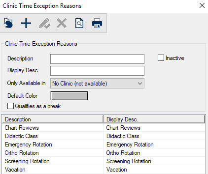 Clinic Time Exception Reasons