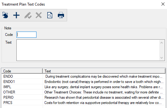 Treatment Plan Text Codes